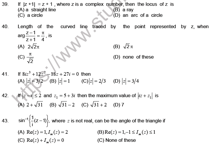 JEE Mathematics Complex Numbers MCQs Set C with Answers